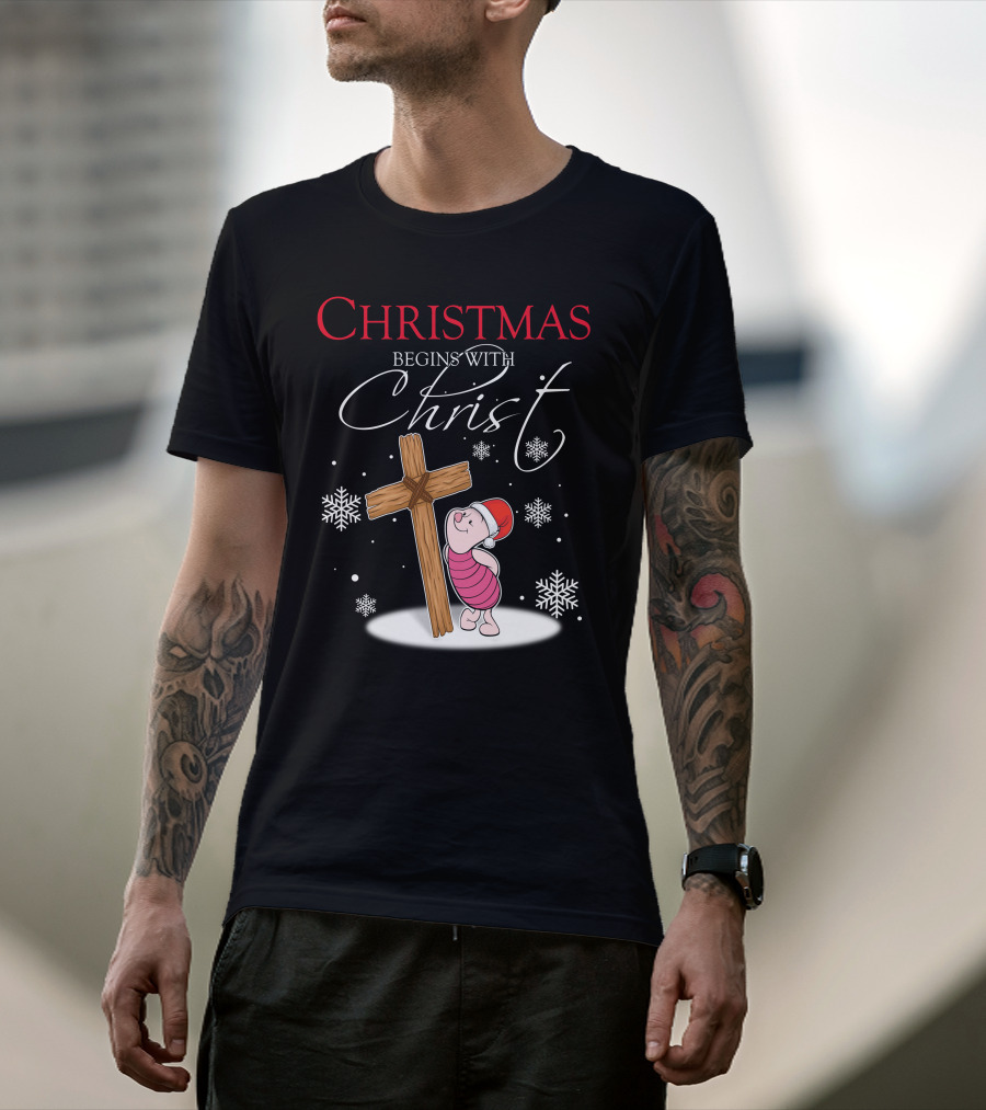 Christmas Begins With Christ Piglet Santa Hat Snowflakes T-Shirt
