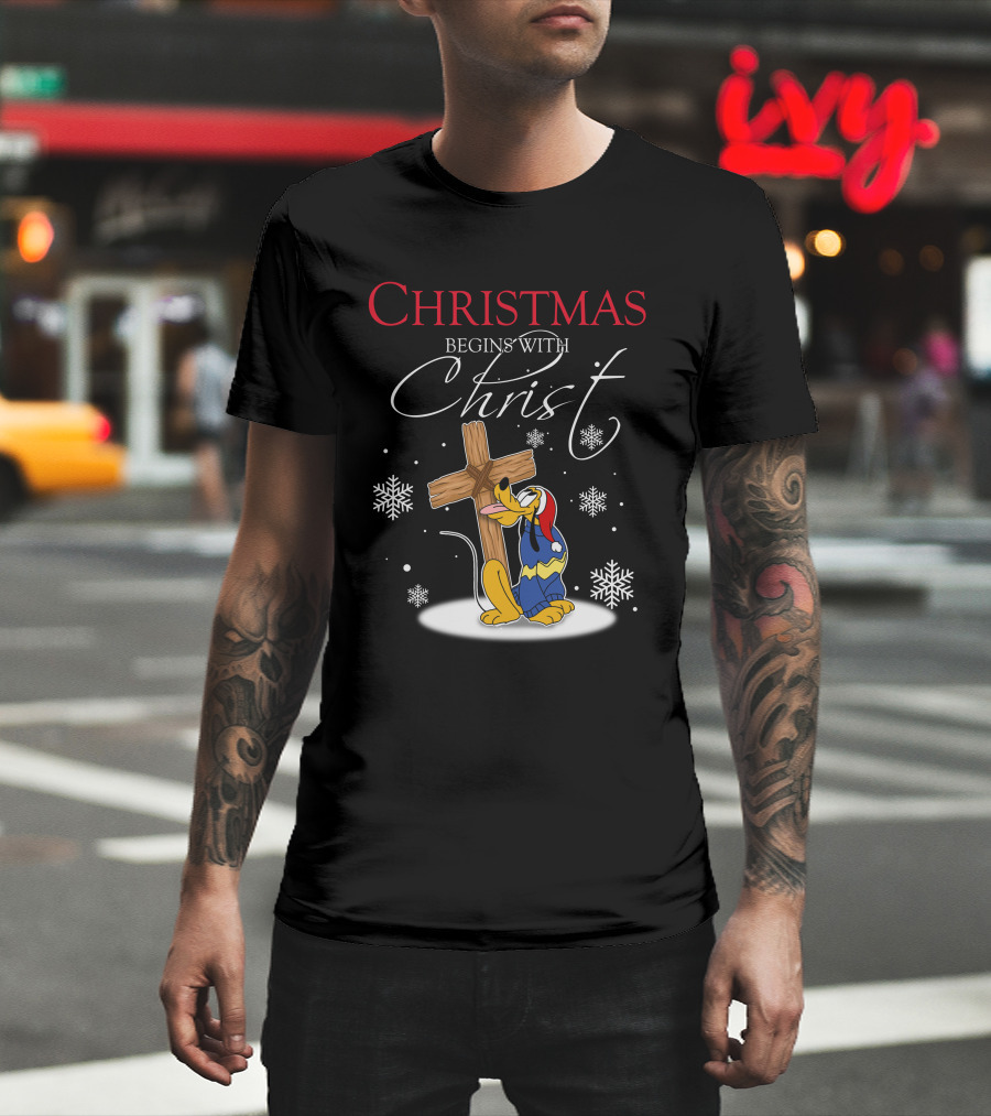 Christmas Begins With Christ Pluto Snowflakes Cross T-Shirt