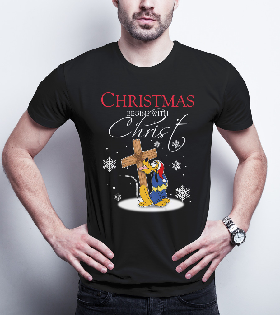 Christmas Begins With Christ Pluto Snowflakes Cross T-Shirt