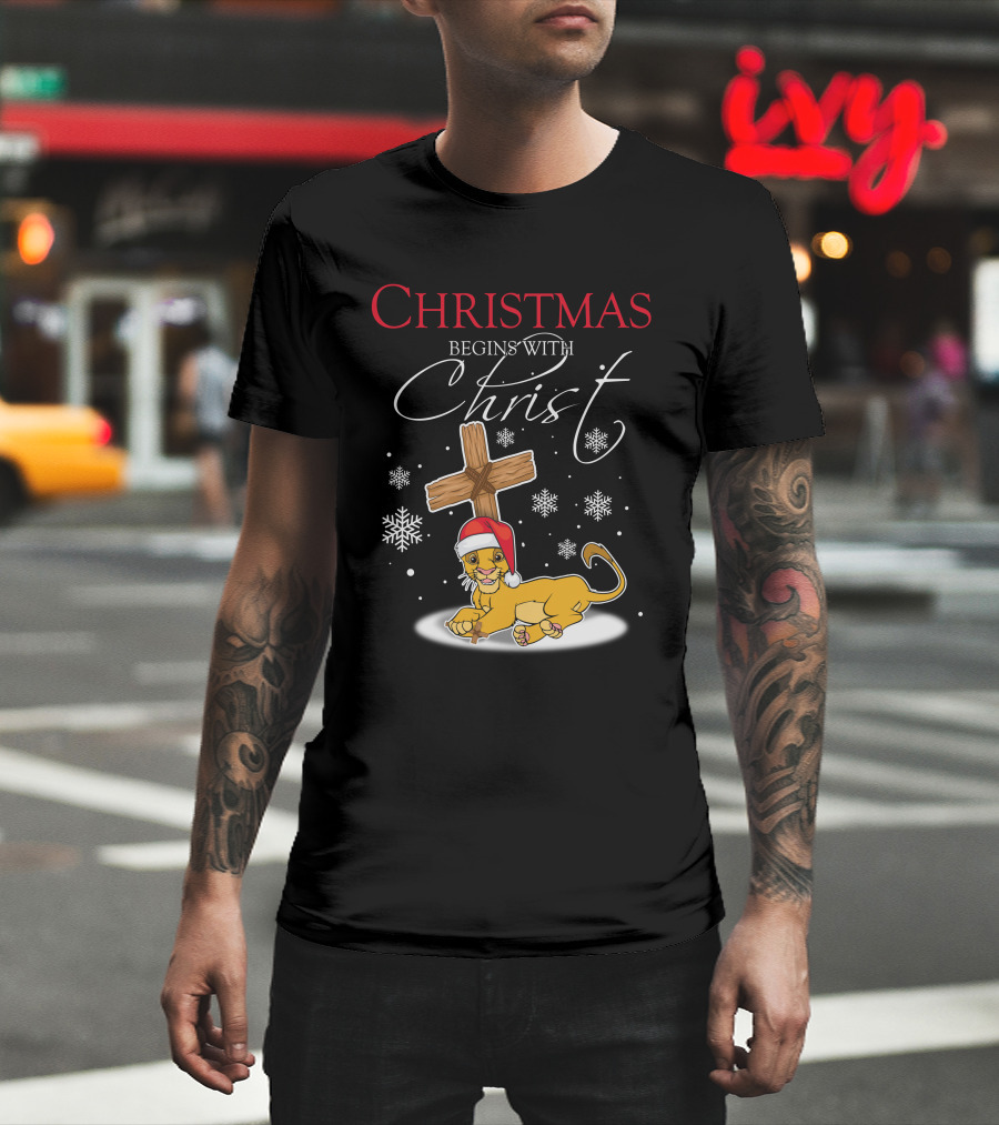 Christmas Begins With Christ Simba Snowflakes Santa Hat T-Shirt