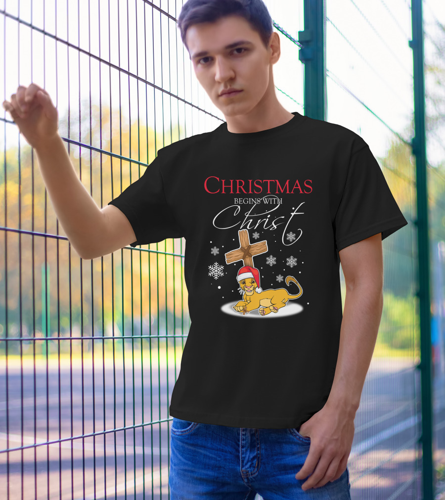 Christmas Begins With Christ Simba Snowflakes Santa Hat T-Shirt