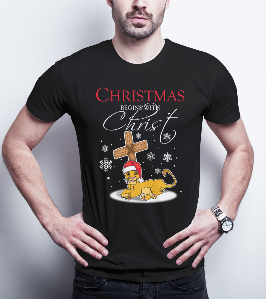 Christmas Begins With Christ Simba Snowflakes Santa Hat T-Shirt
