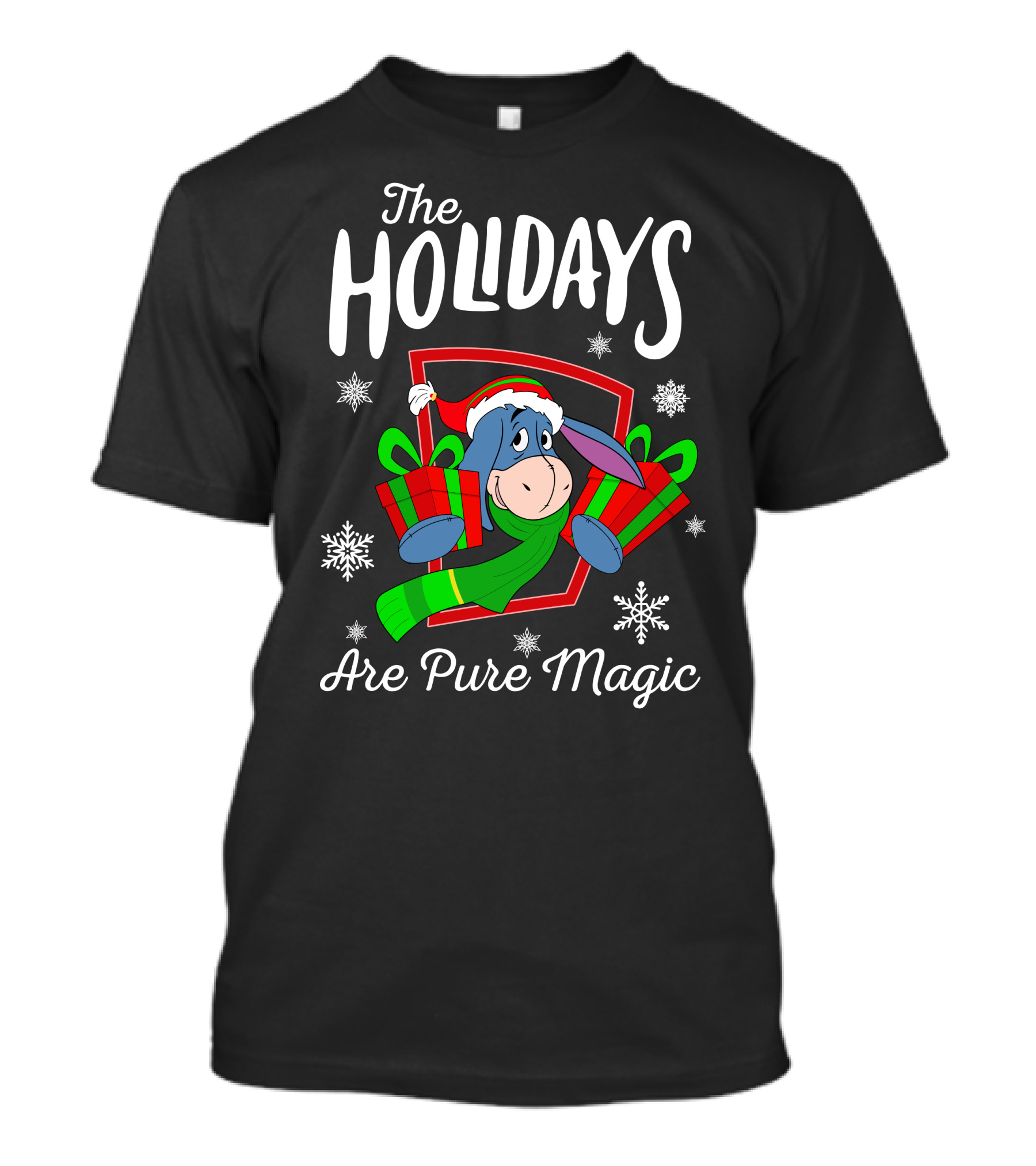 The Holidays Are Pure Magic Eeyore Wearing Santa Hat And Scarf Snowflakes And Presents T-Shirt