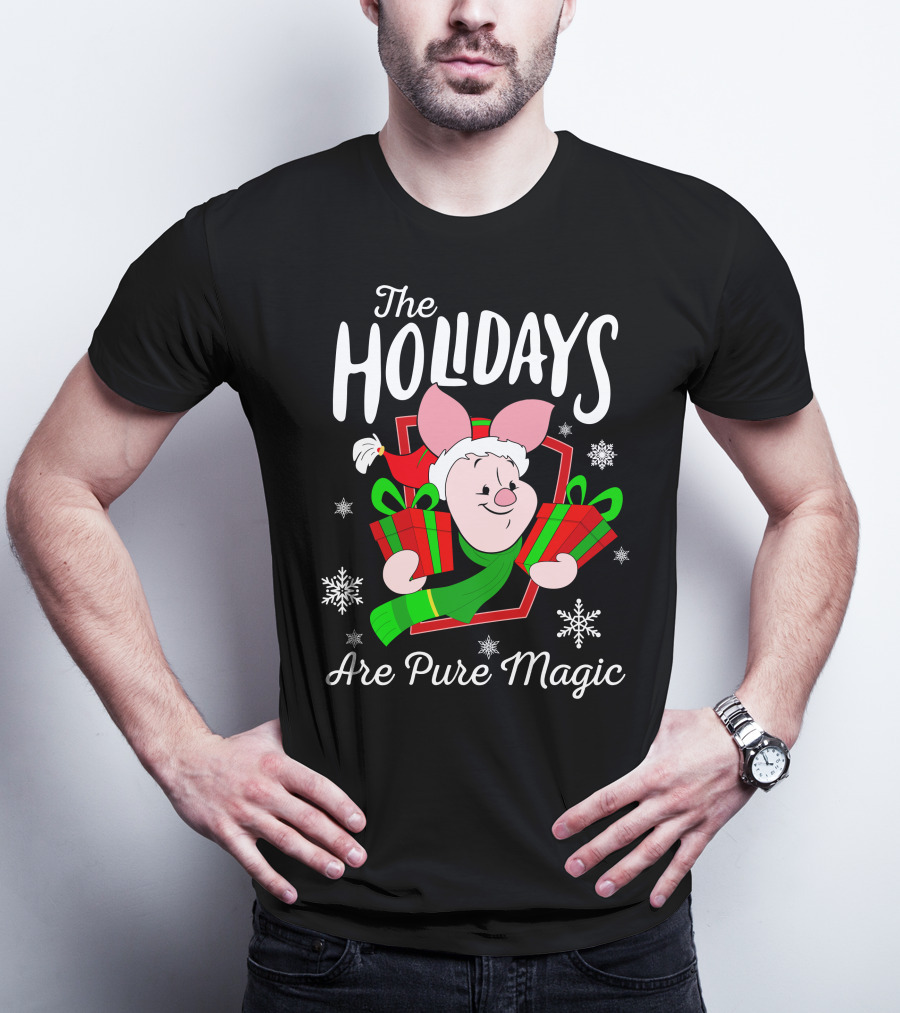 The Holidays Are Pure Magic Piglet Snowflakes Presents Santa Hat T-Shirt