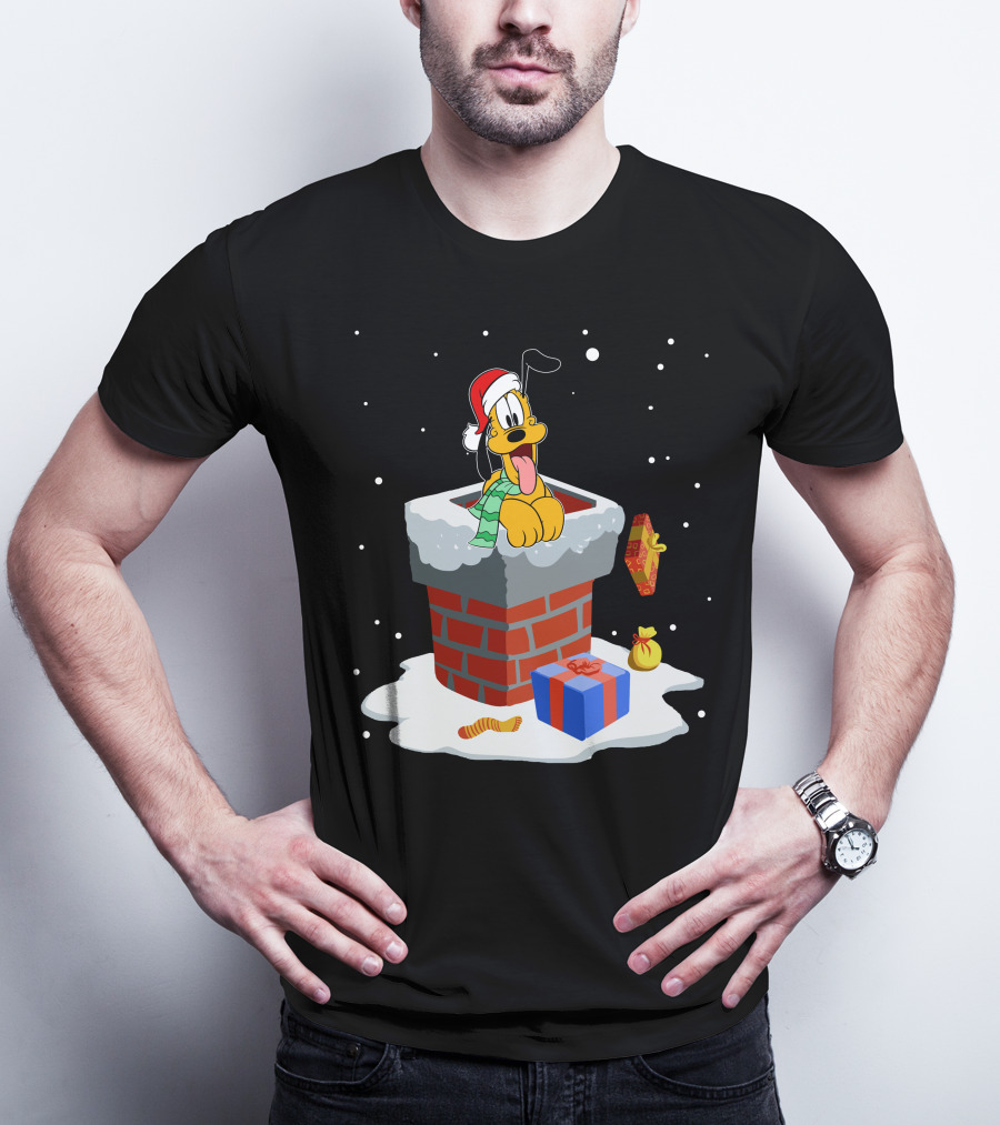 Pluto Christmas Chimney Santa Hat Holiday Scene T-Shirt
