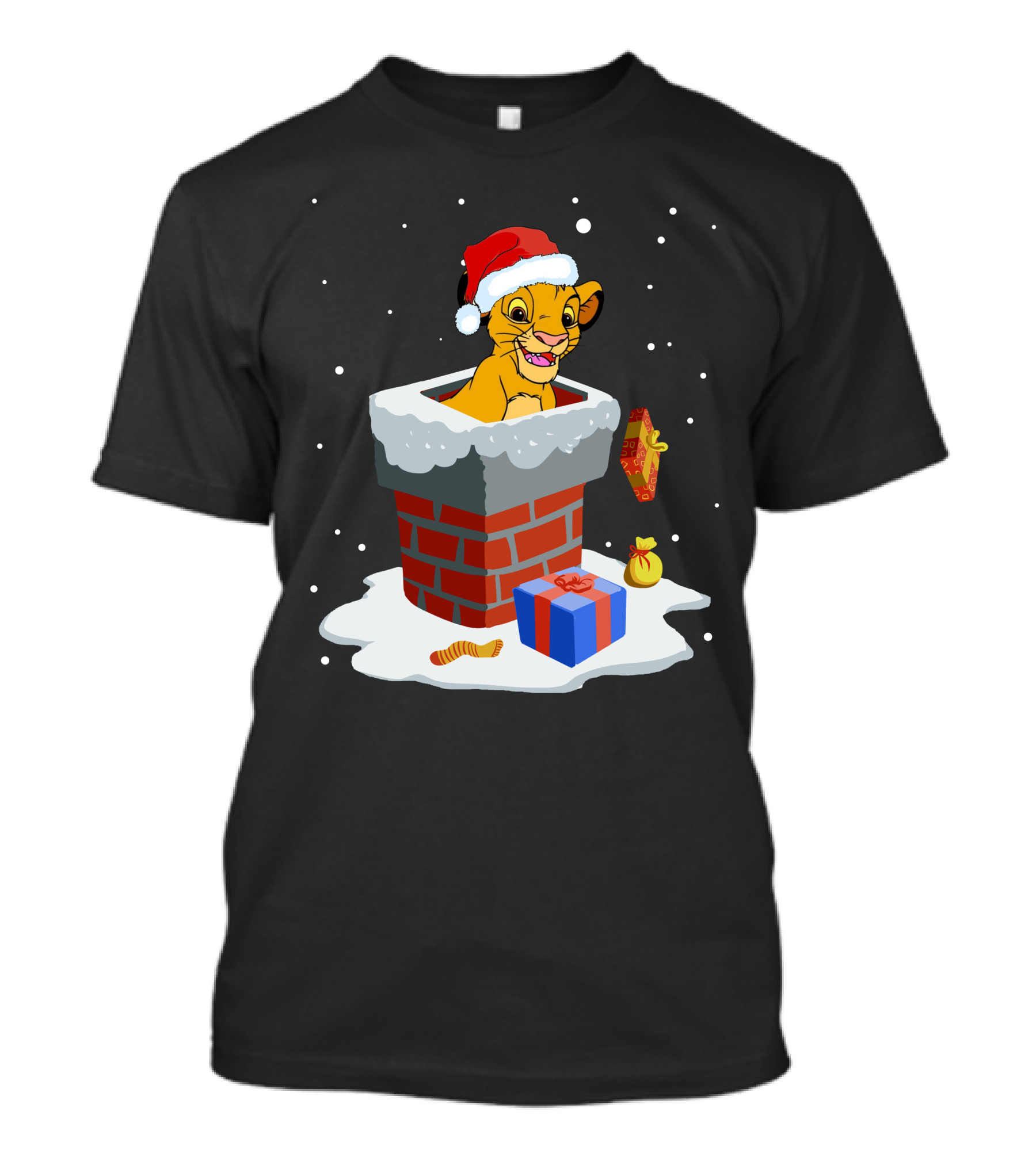 Simba In Santa Hat Popping Out Of Chimney With Christmas Gifts T-Shirt