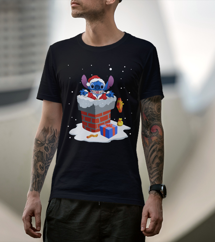 Stitch Santa Chimney Christmas Presents Snowfall T-Shirt