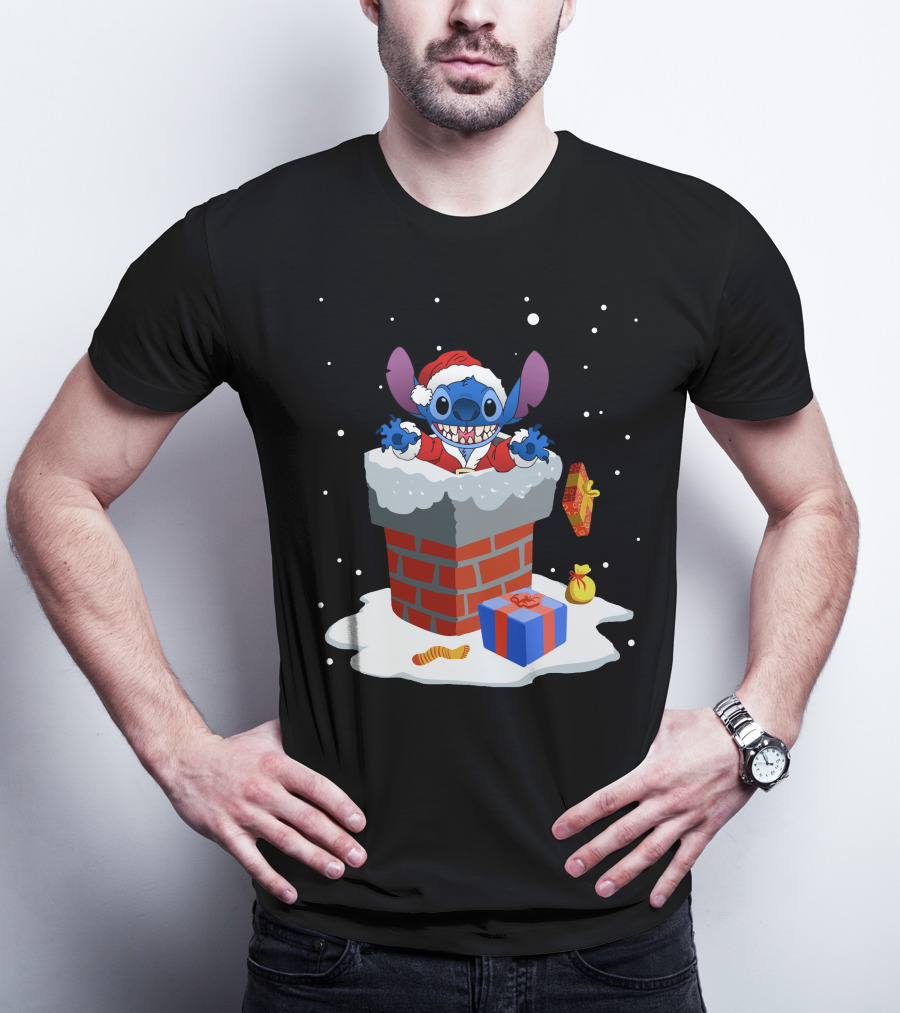 Stitch Santa Chimney Christmas Presents Snowfall T-Shirt