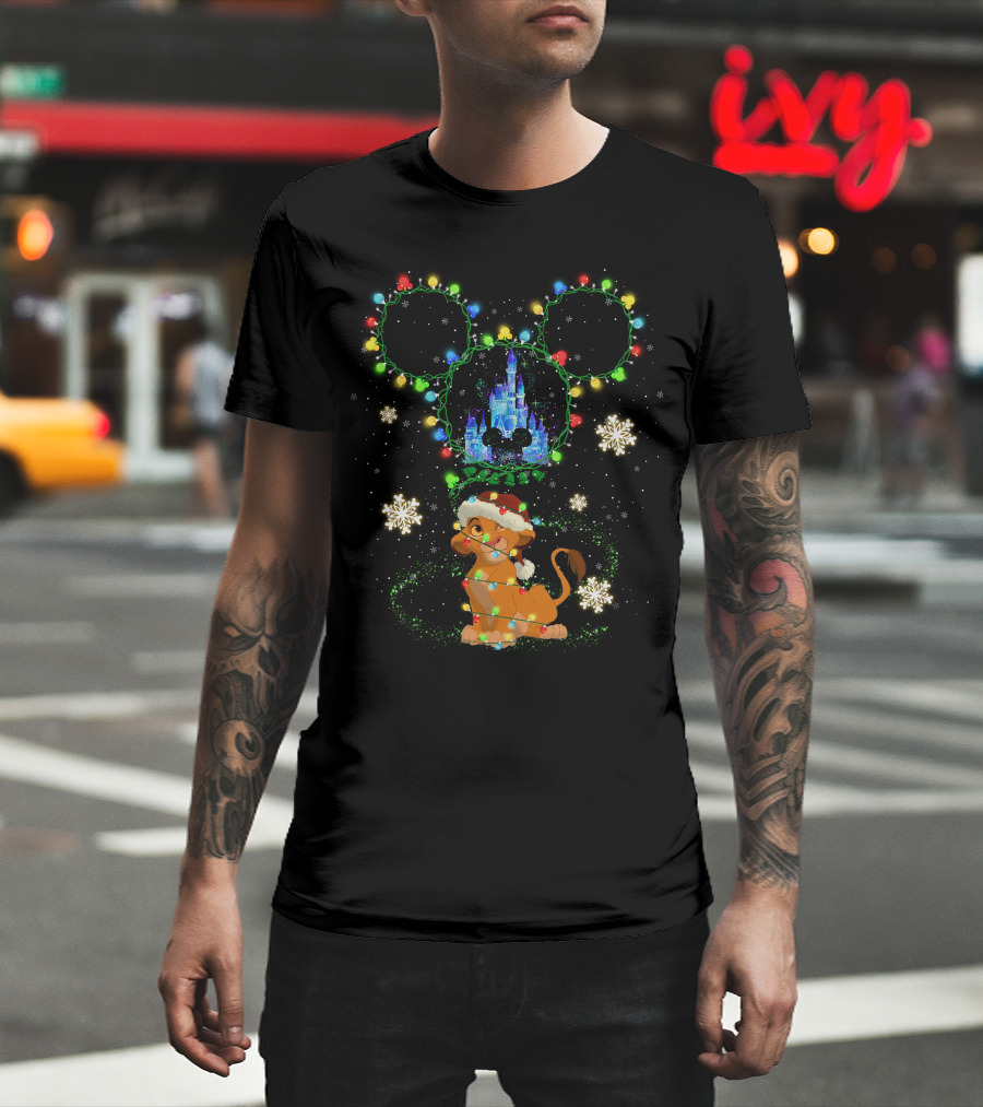 Simba Christmas Disney Castle Mickey Ears Lights Snowflakes T-Shirt