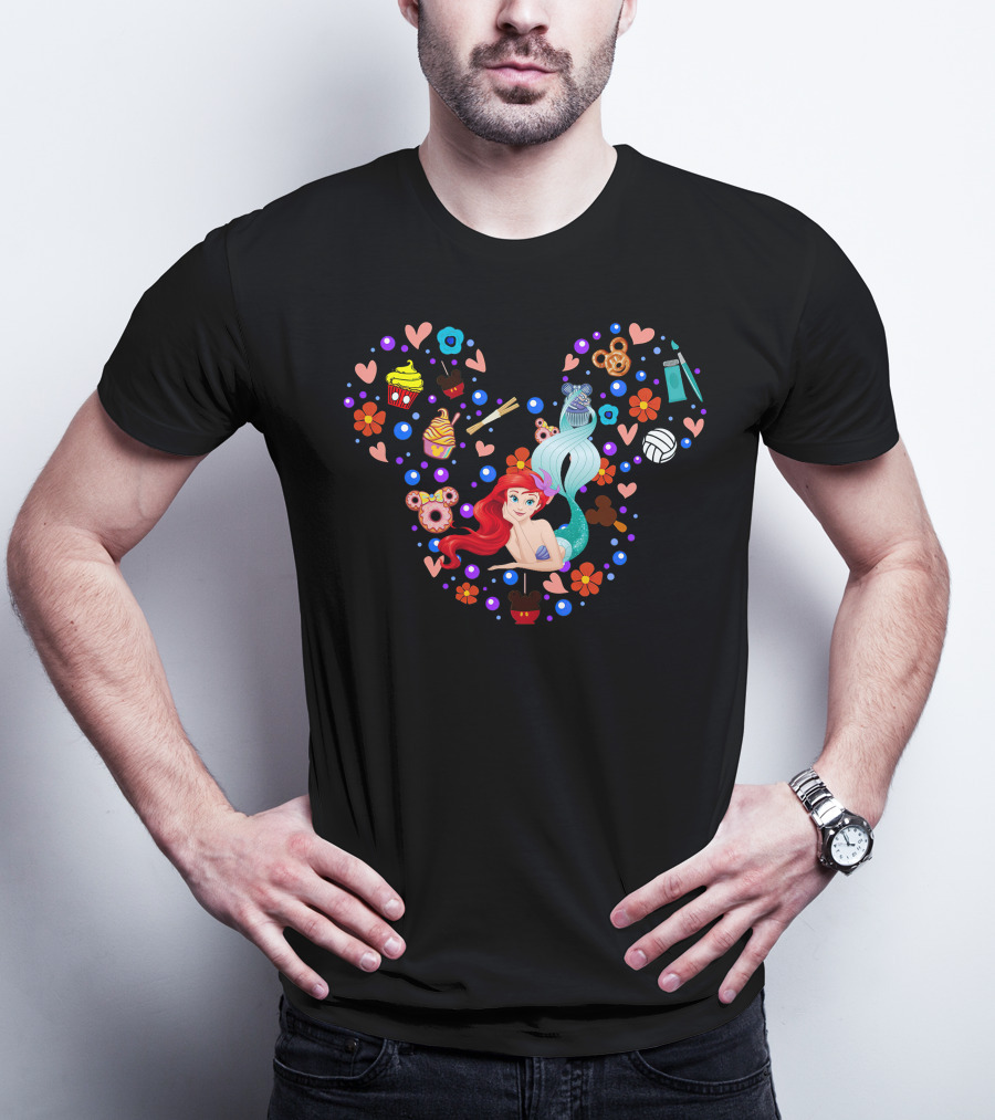 Disney Ariel Little Mermaid Mickey Mouse Icon Floral Cupcake Sushi Flowers Hearts T-Shirt