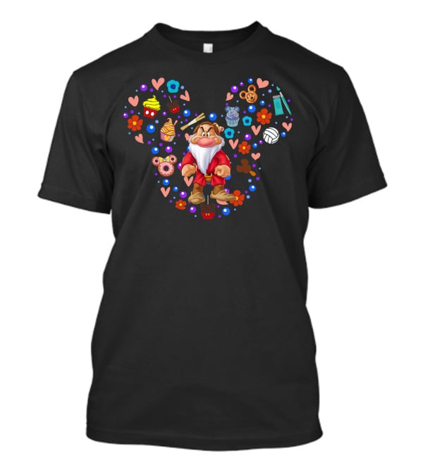 Grumpy Dwarf With Mickey-Shaped Sweets And Colorful Floral Hearts T-Shirt