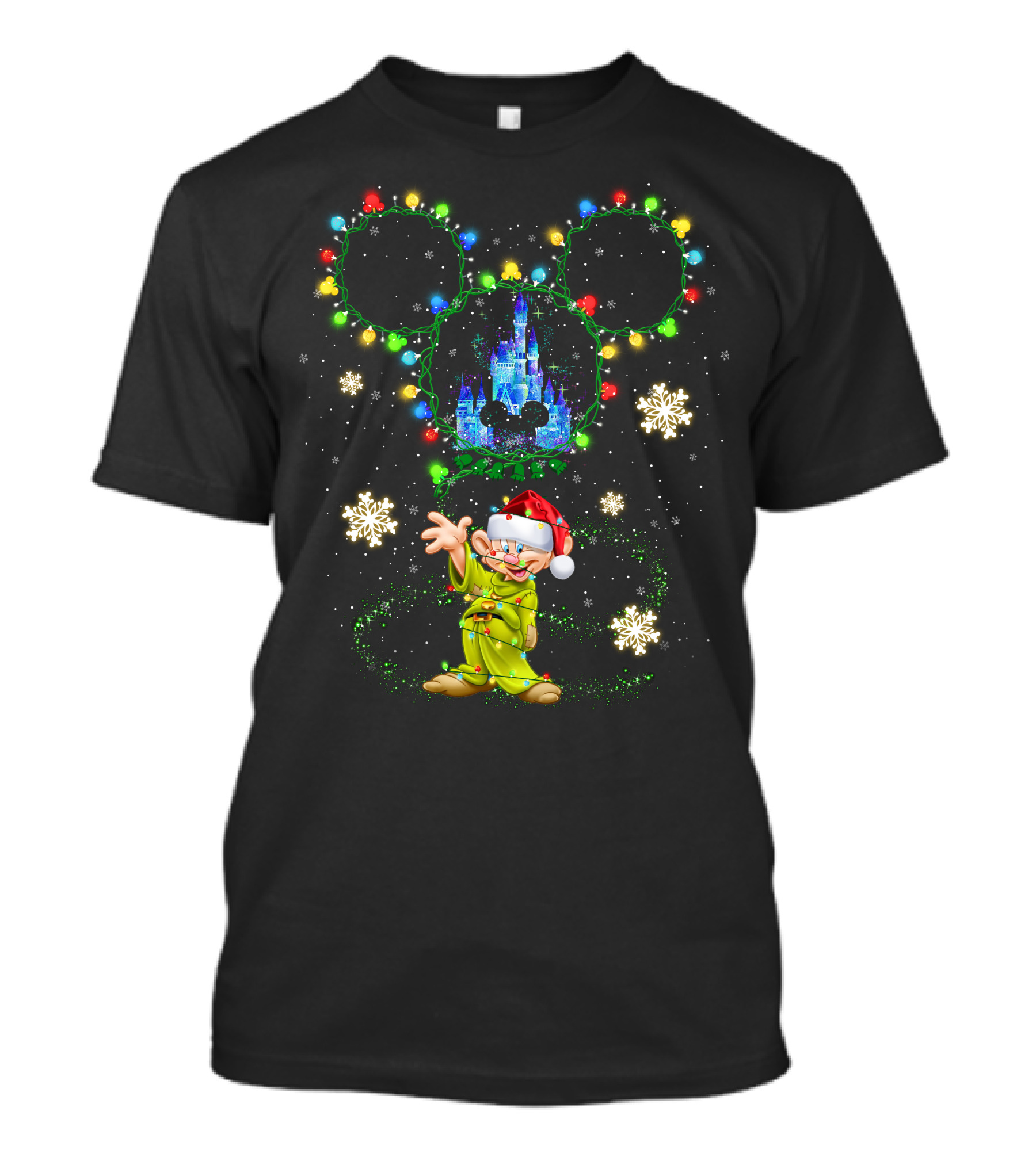 Dopey Christmas Castle Mickey Lights Snowflakes T-Shirt