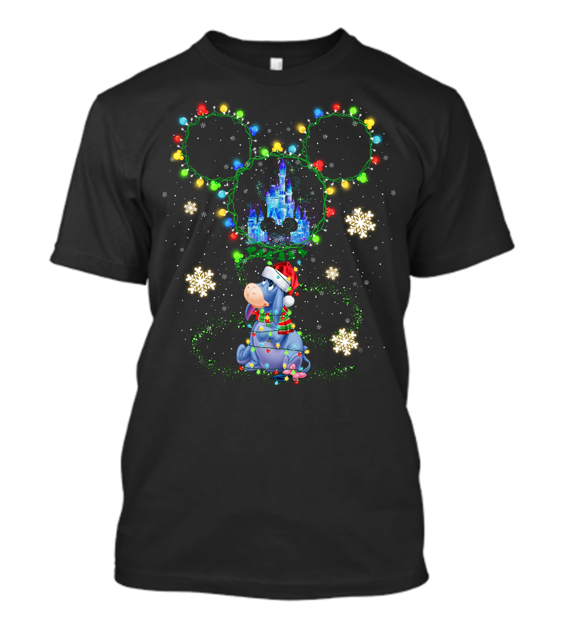 Eeyore Disney Christmas Mickey Lights Castle Snowflakes T-Shirt