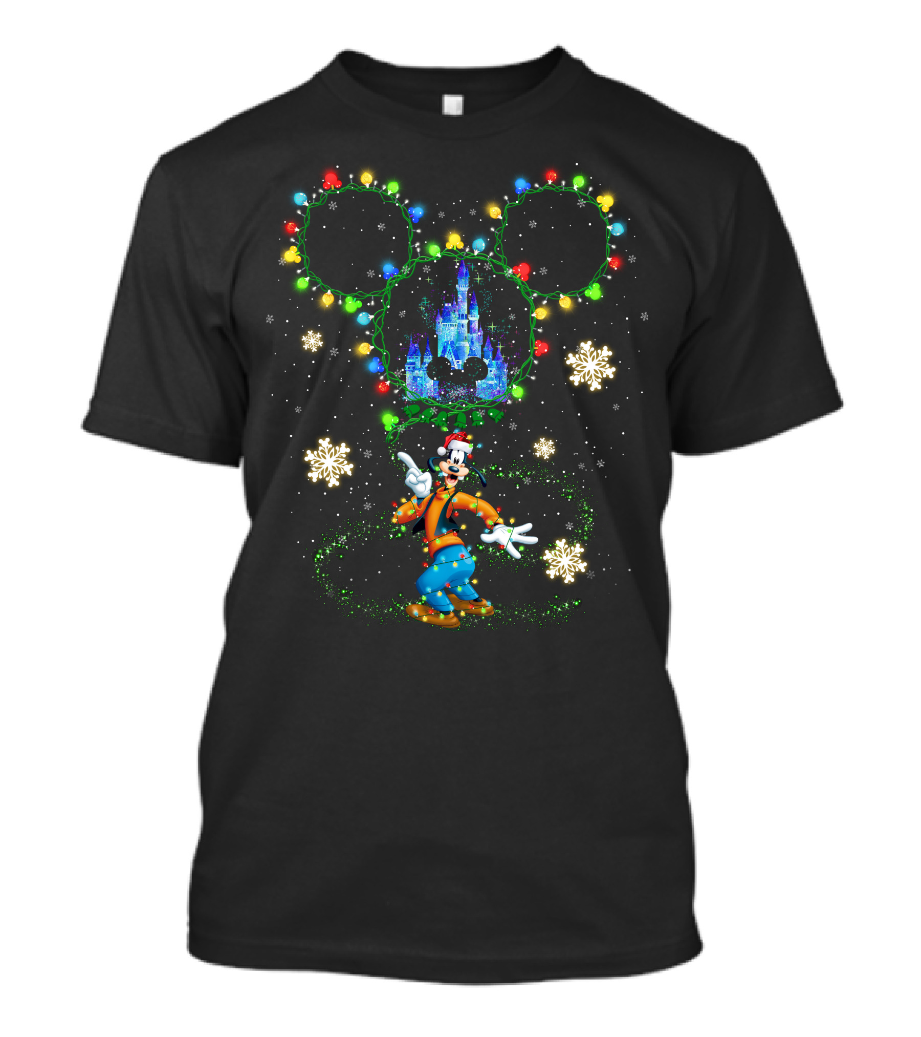 Goofy Castle Mickey Lights Snowflakes Holiday T-Shirt