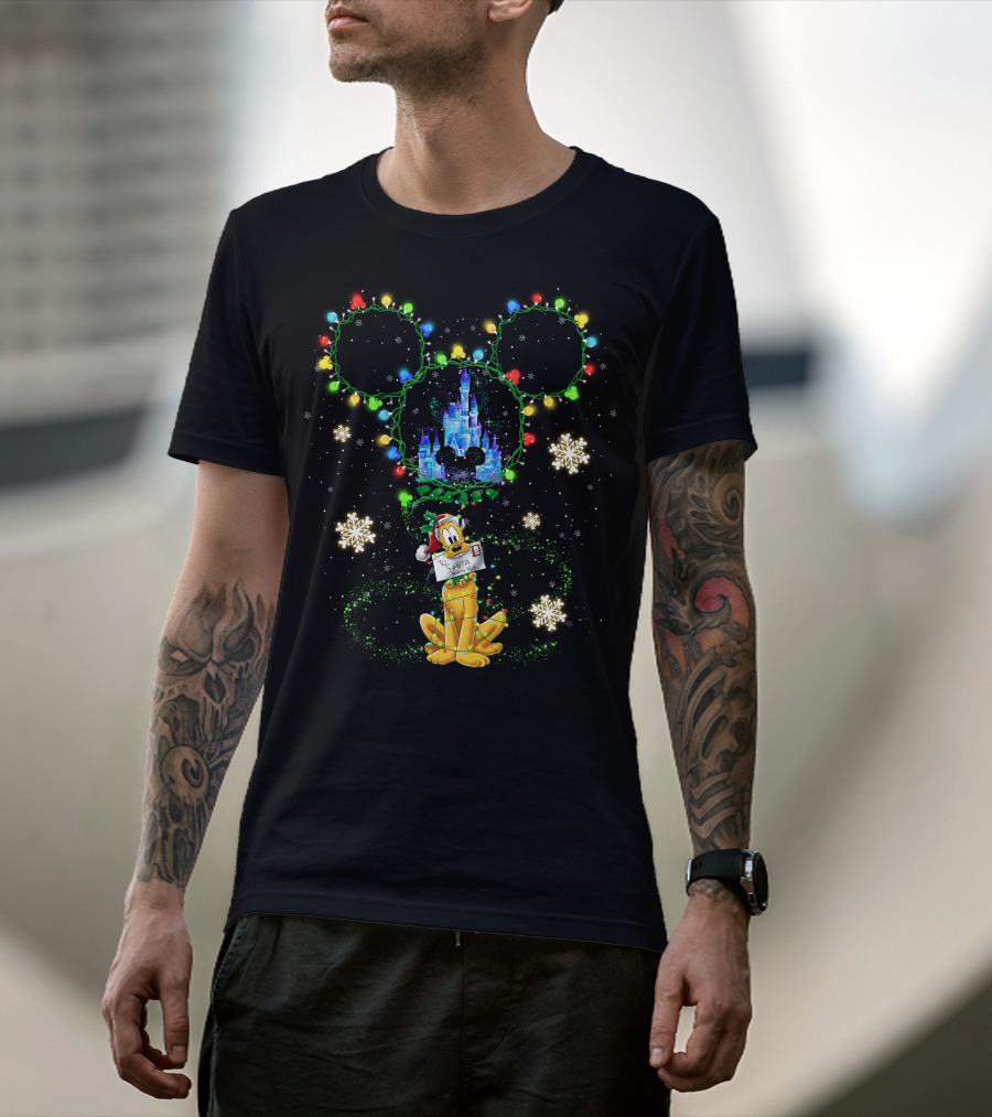 Pluto Santa Christmas Lights Mickey Head Castle Snowflakes T-Shirt