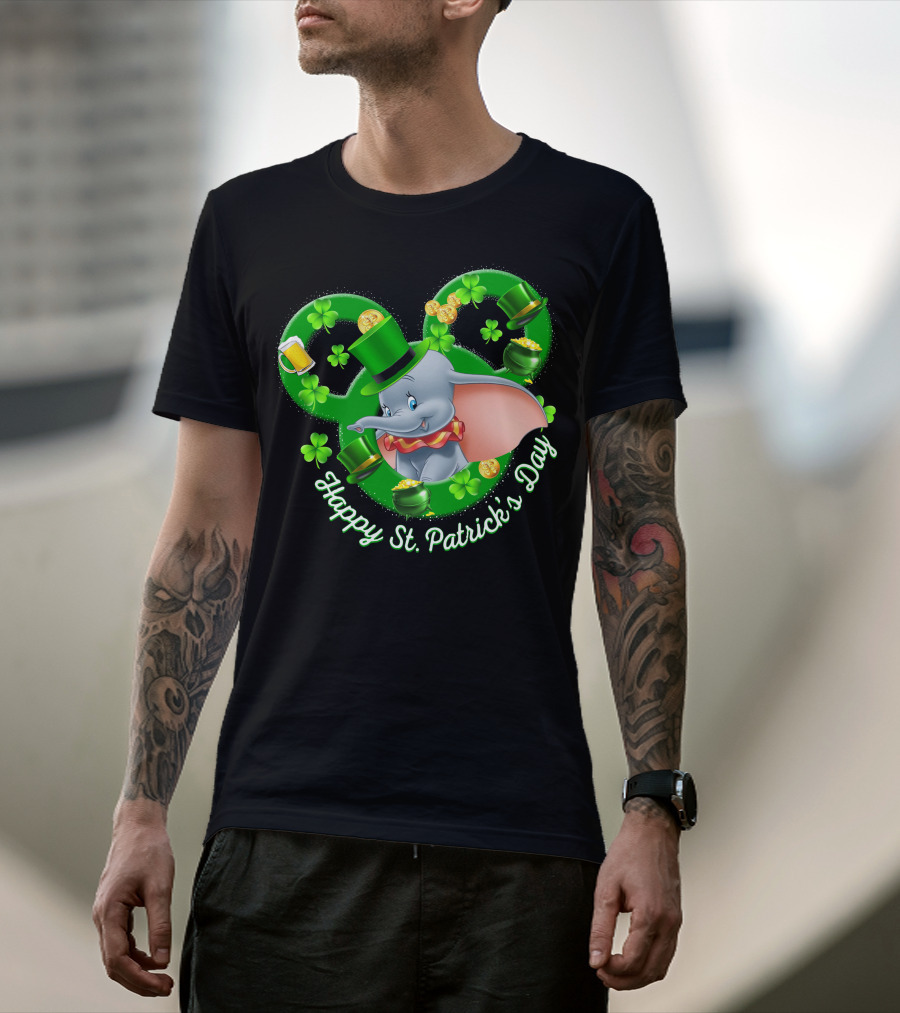 Dumbo Happy St. Patrick's Day With Shamrocks And Leprechaun Hat T-Shirt