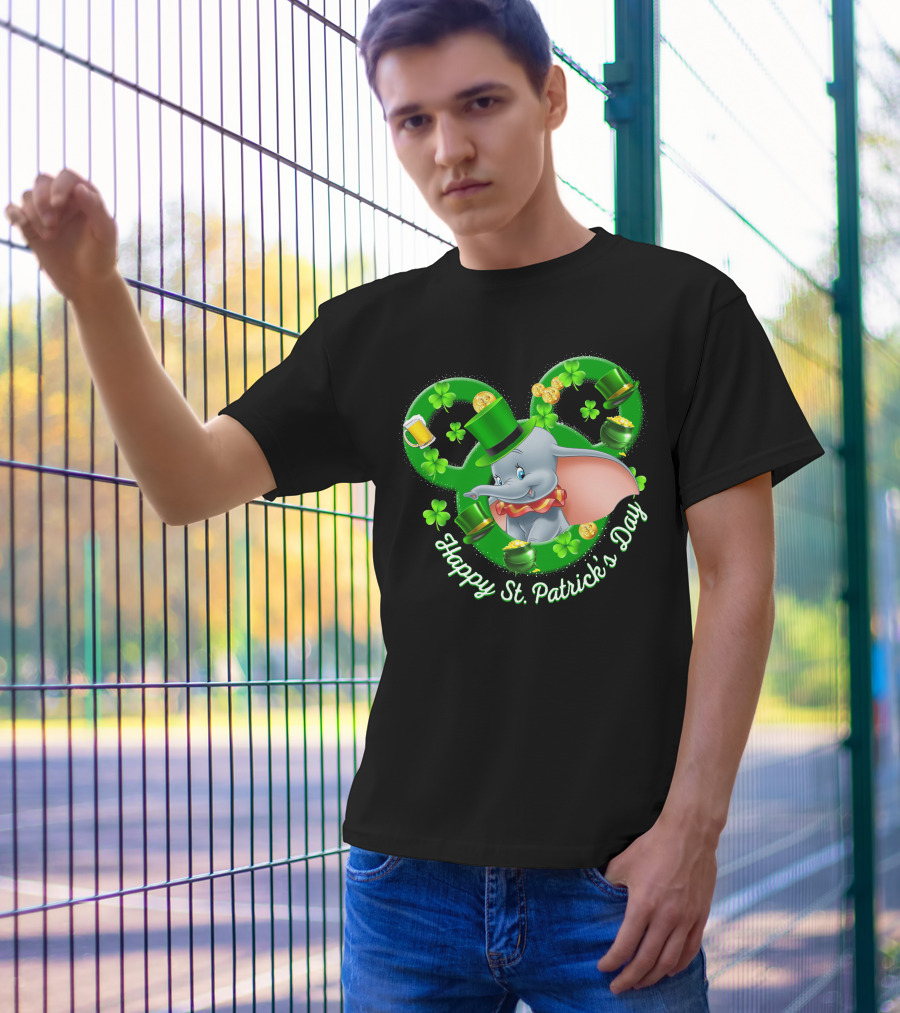 Dumbo Happy St. Patrick's Day With Shamrocks And Leprechaun Hat T-Shirt