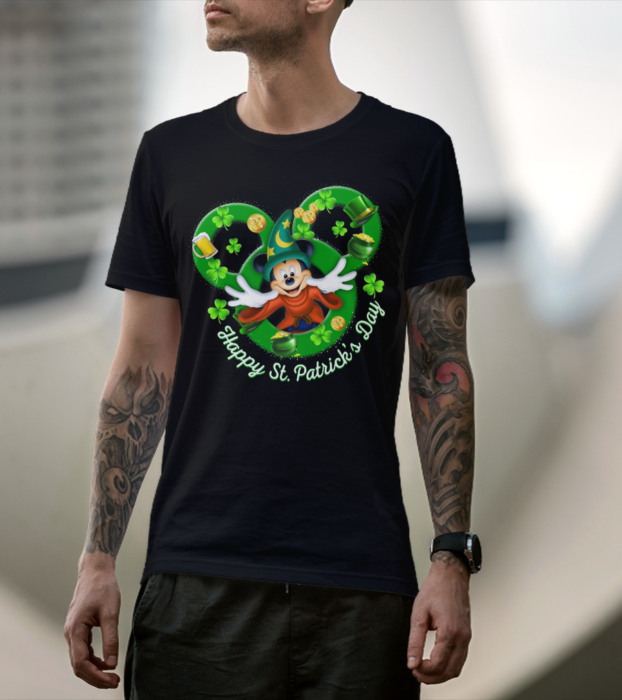 Happy St. Patrick's Day Mickey Fantasia Magic Hat Clover Coins T-Shirt