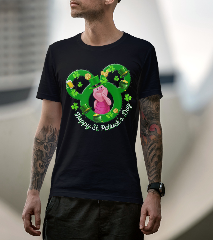 Piglet Happy St. Patrick’s Day Mickey Ears Shamrocks Coins Hat T-Shirt