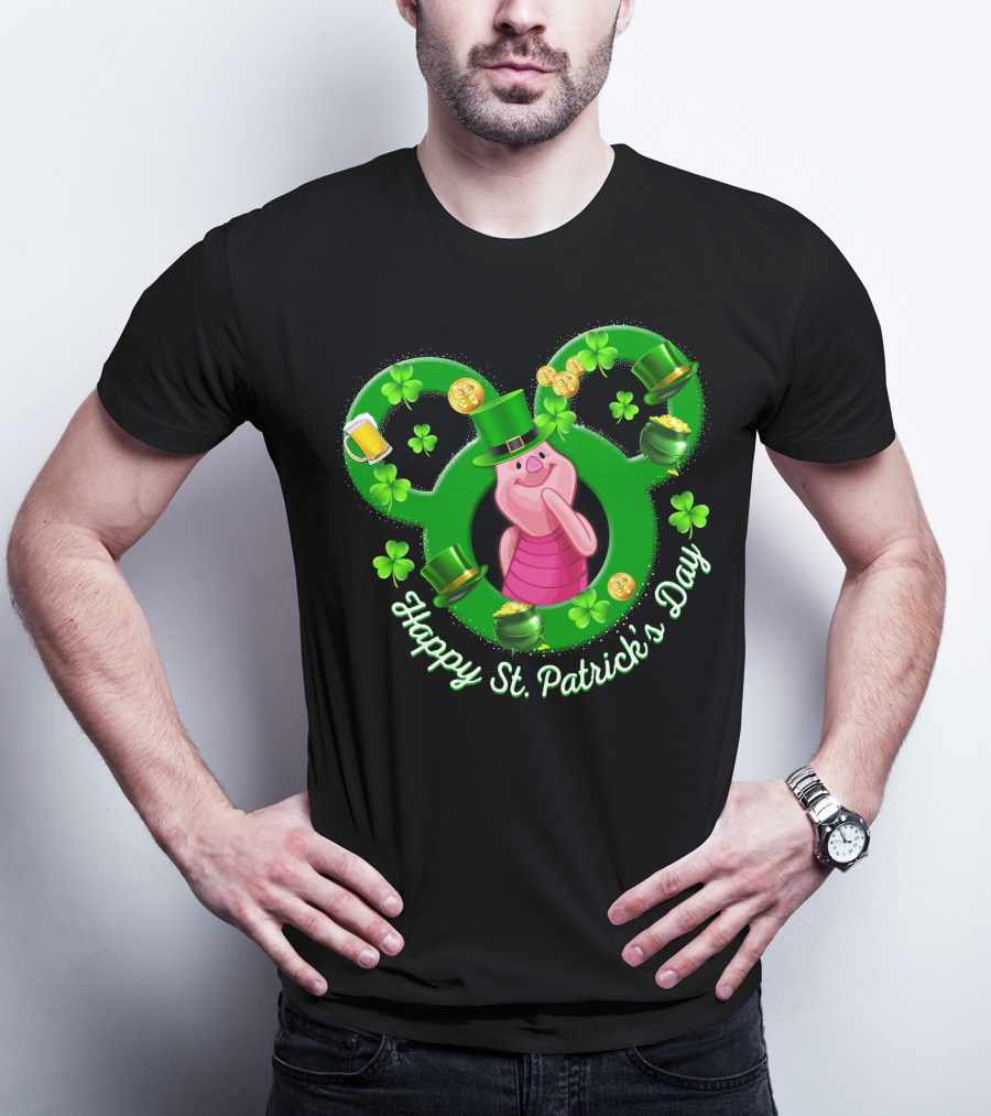 Piglet Happy St. Patrick’s Day Mickey Ears Shamrocks Coins Hat T-Shirt