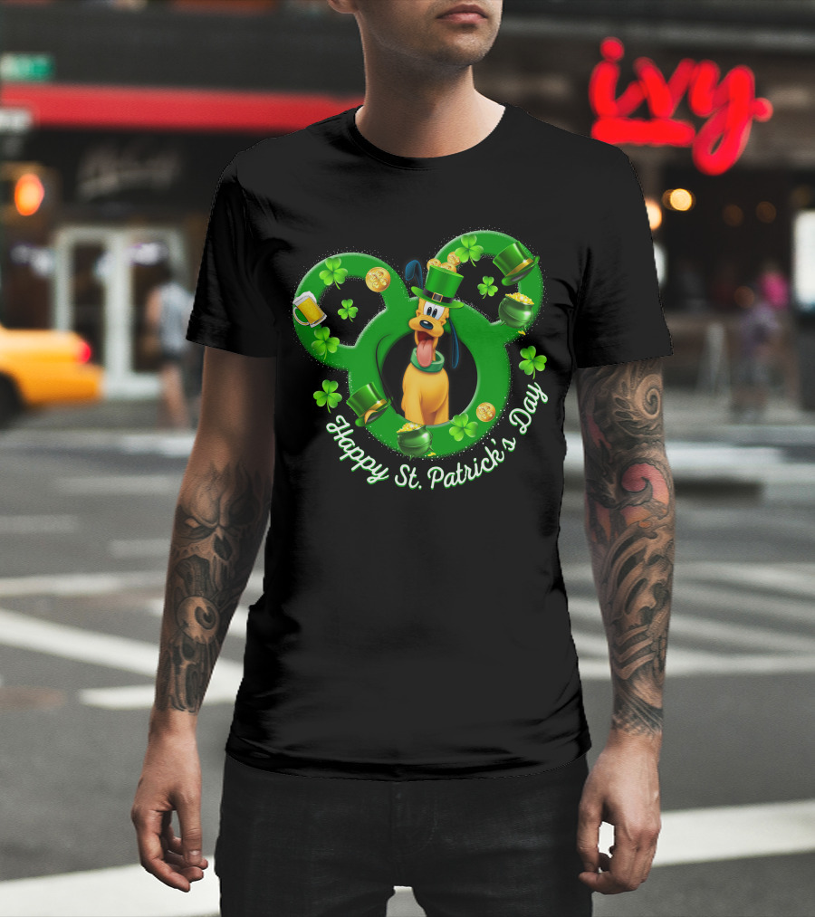 Happy St. Patrick's Day Pluto Mickey Ears Shamrocks Gold Coins T-Shirt