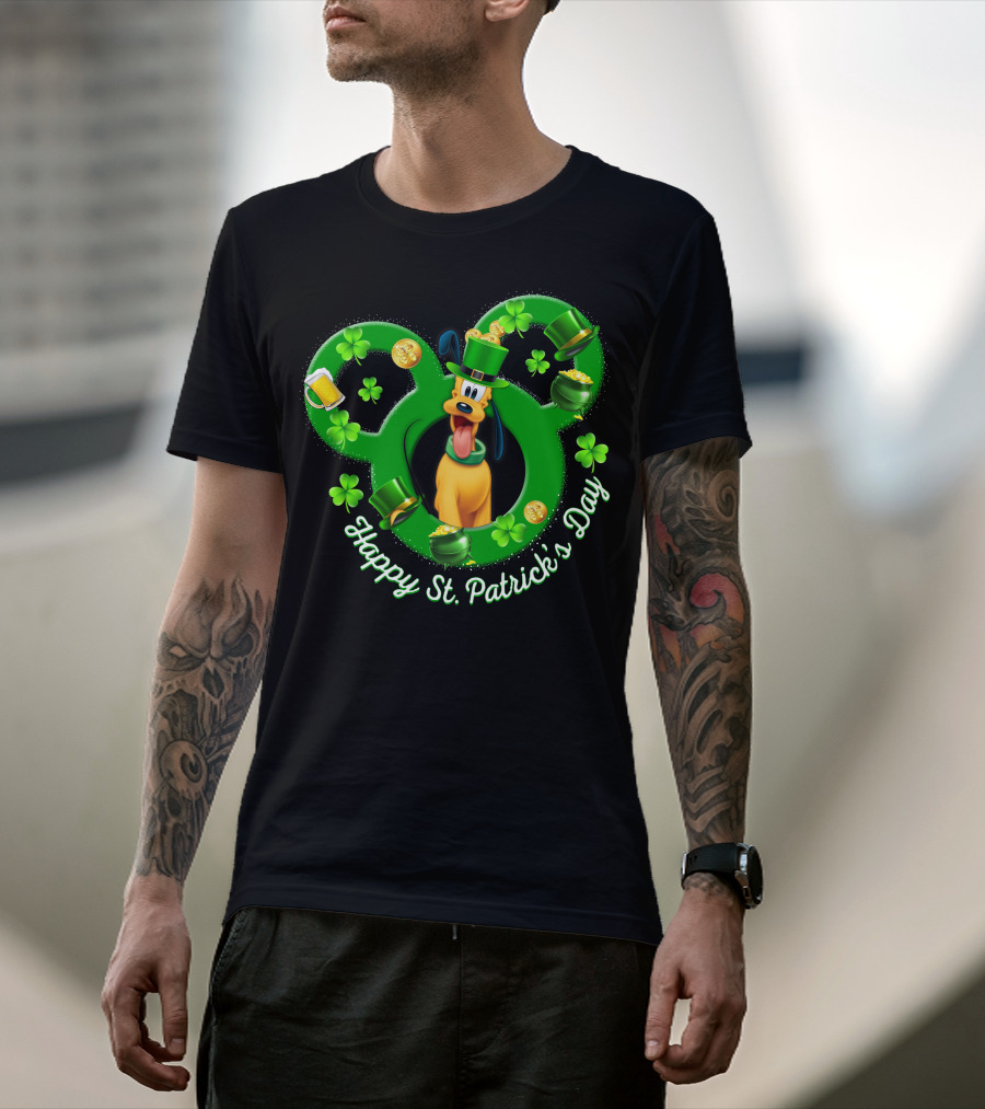 Happy St. Patrick's Day Pluto Mickey Ears Shamrocks Gold Coins T-Shirt