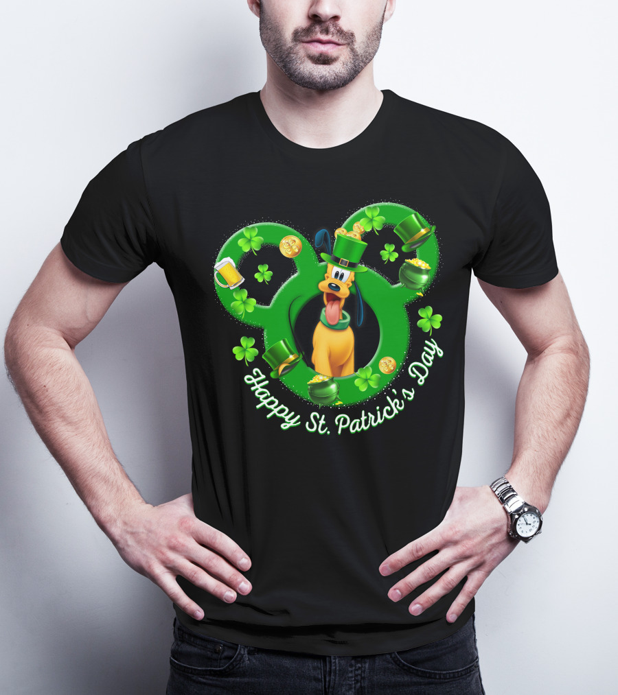 Happy St. Patrick's Day Pluto Mickey Ears Shamrocks Gold Coins T-Shirt