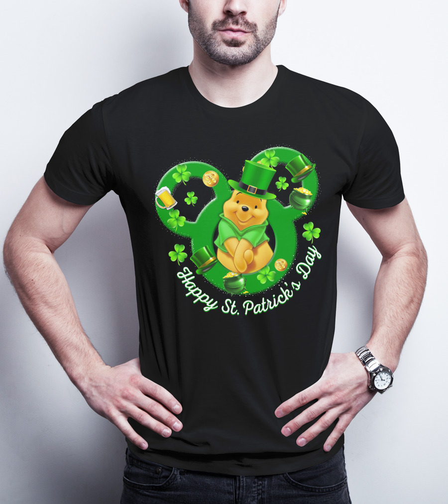 Happy St. Patrick's Day Pooh Bear With Leprechaun Hat And Shamrocks T-Shirt