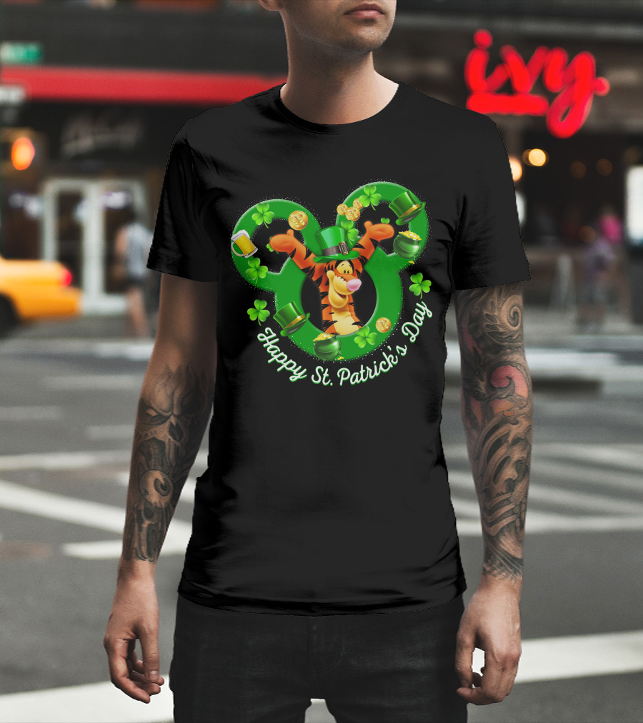 Tigger Happy St. Patrick's Day Mickey Ears Clover And Gold Coins T-Shirt