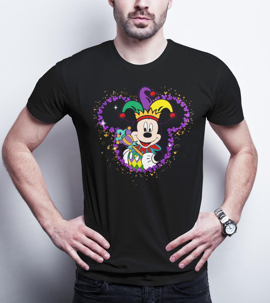 Mickey Mouse Jester Mardi Gras Magic With Crown And Scepter T-Shirt