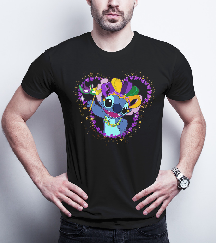 Stitch Mardi Gras Celebration With Mask And Beads In Purple Heart Frame T-Shirt