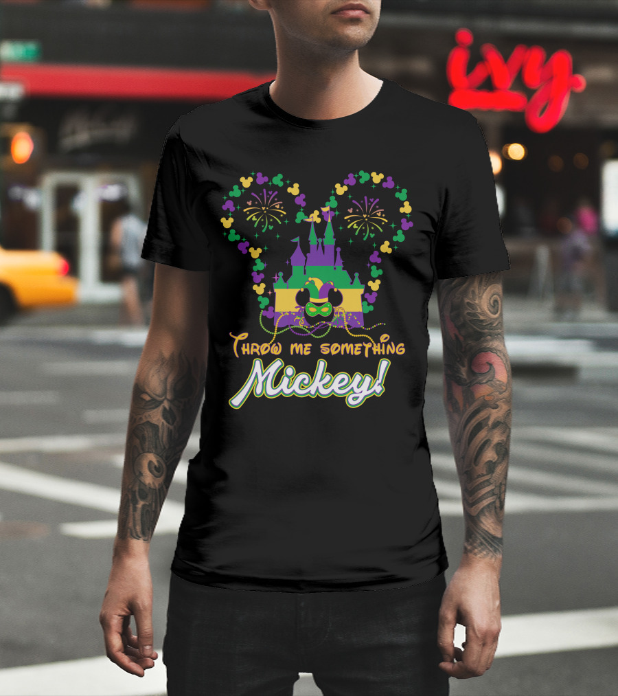 Throw Me Something Mickey Mardi Gras Castle Fireworks Beads T-Shirt