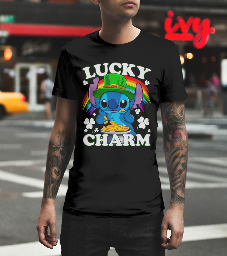 Stitch Lucky Charm Leprechaun Rainbow And Gold Coins T-Shirt