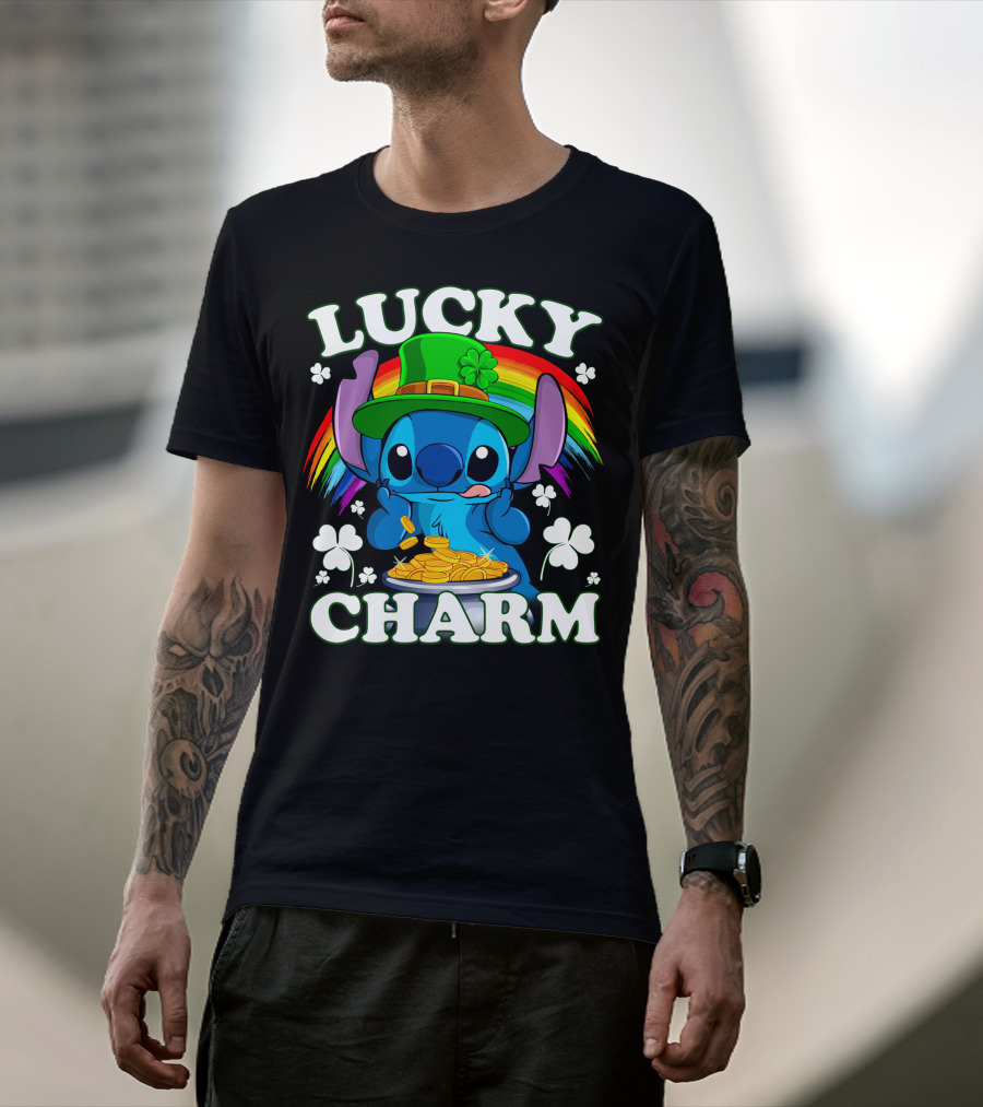 Stitch Lucky Charm Leprechaun Rainbow And Gold Coins T-Shirt