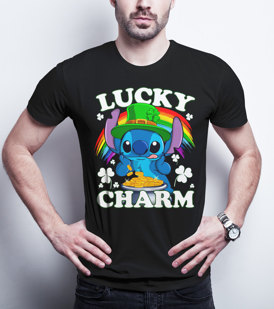 Stitch Lucky Charm Leprechaun Rainbow And Gold Coins T-Shirt