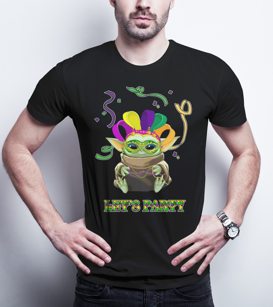 Baby Yoda Let's Party Mardi Gras Mask And Beads T-Shirt