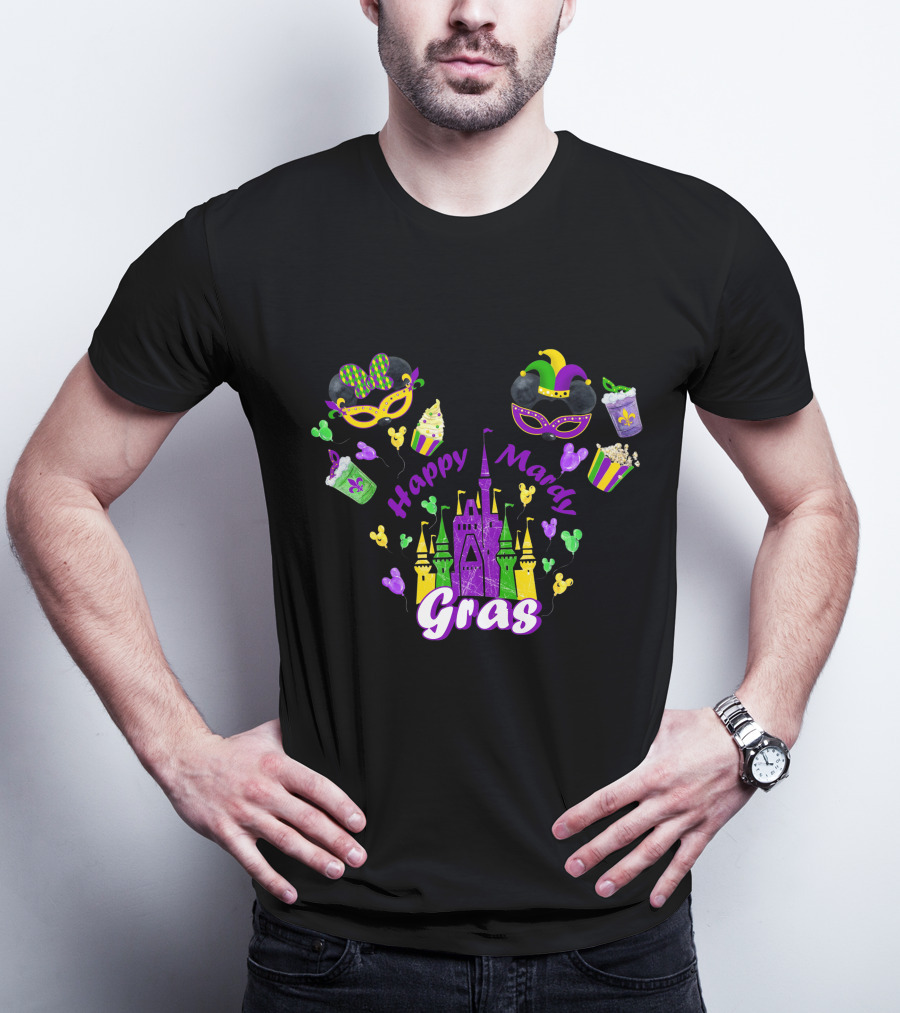 Happy Mardi Gras Castle Celebration With Mask And Snack Icons T-Shirt
