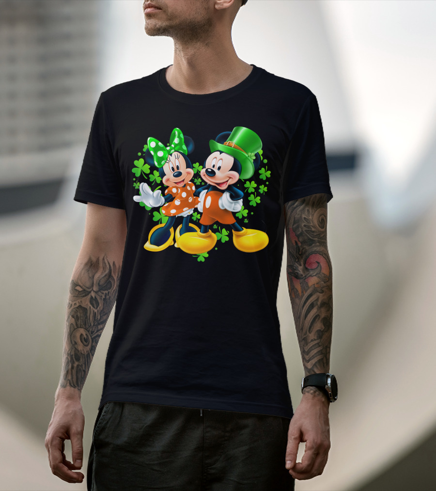 Mickey And Minnie With Shamrocks In Green And Orange Outfits T-Shirt