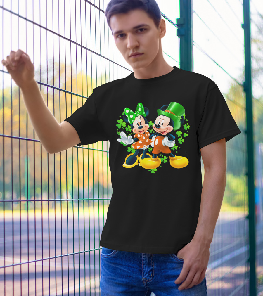 Mickey And Minnie With Shamrocks In Green And Orange Outfits T-Shirt