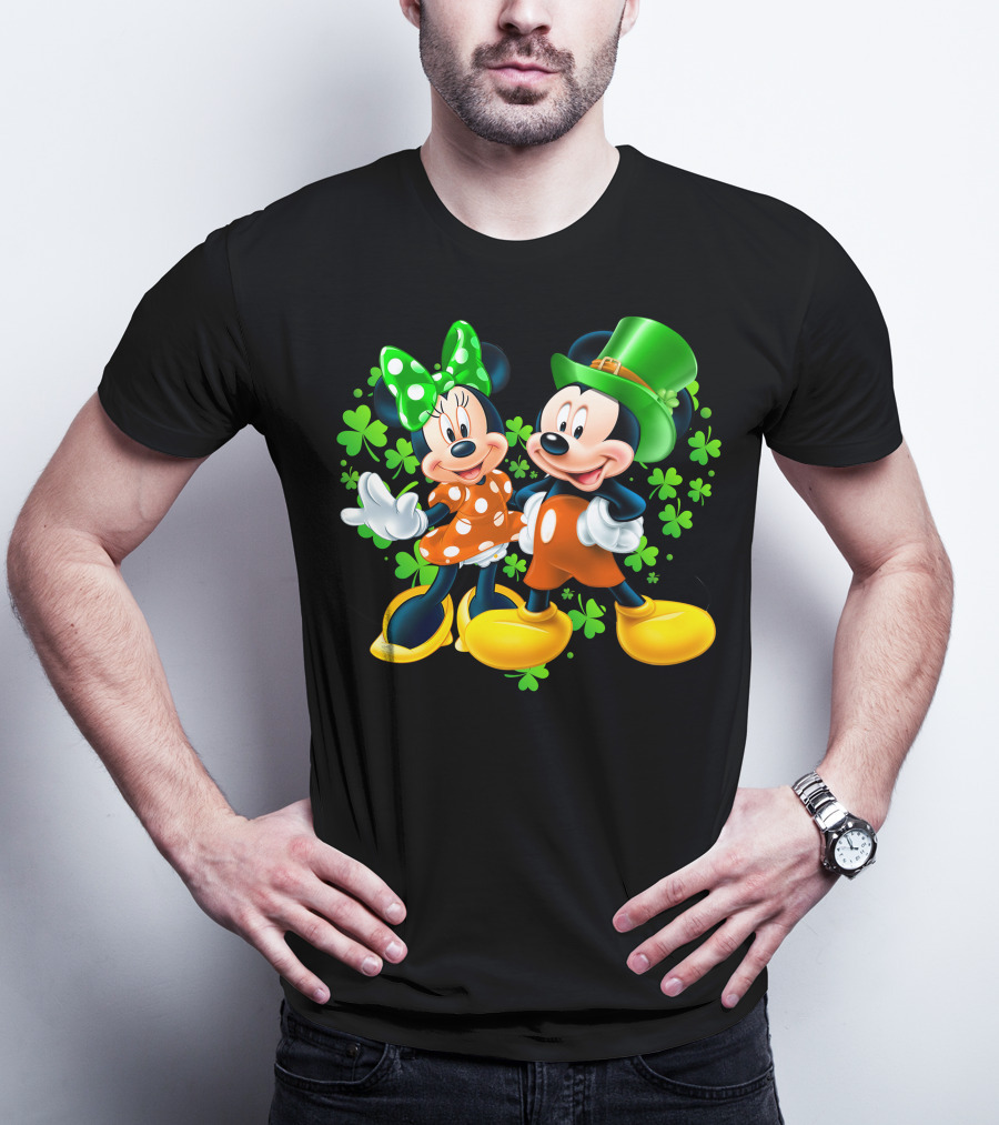 Mickey And Minnie With Shamrocks In Green And Orange Outfits T-Shirt