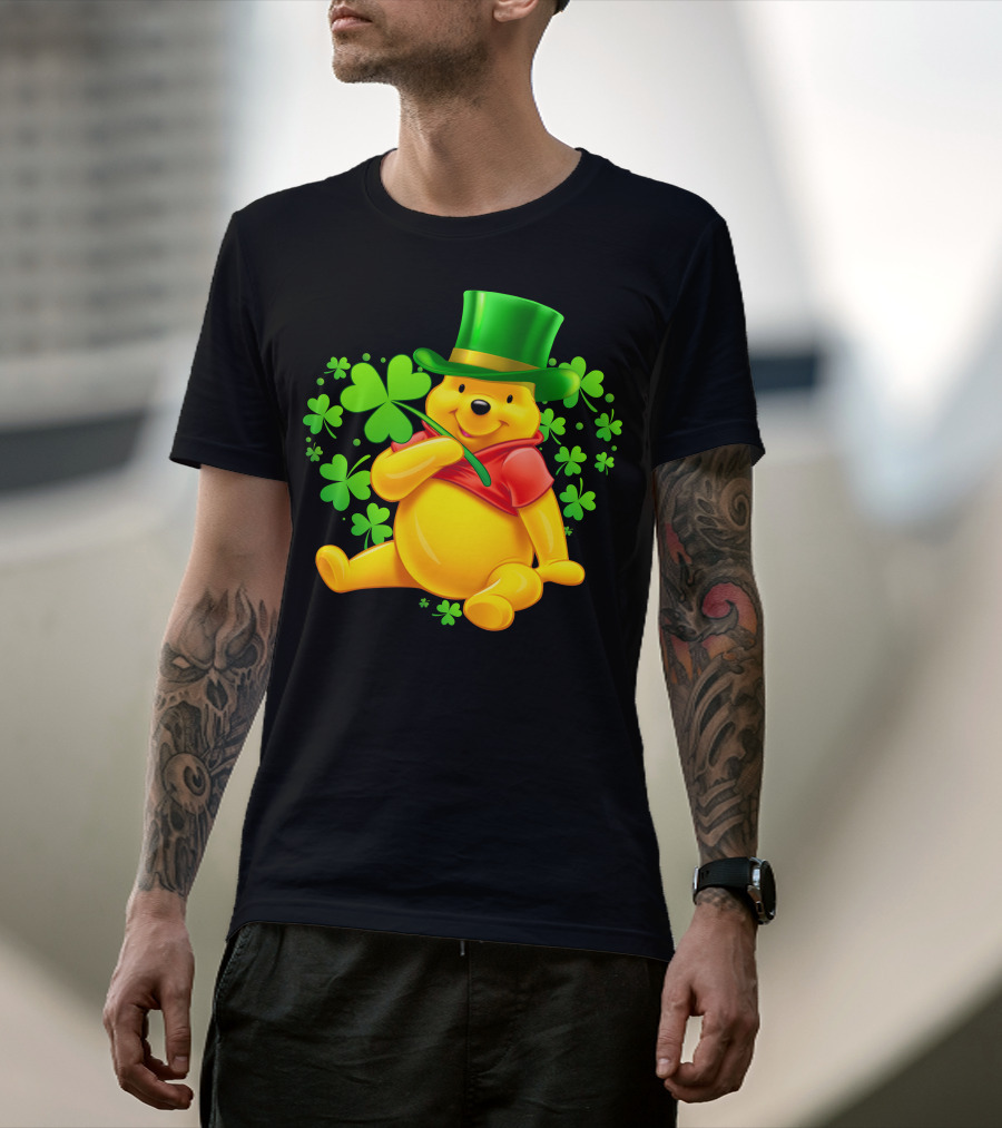 Pooh Bear St. Patrick's Day With Shamrocks And Green Hat T-Shirt