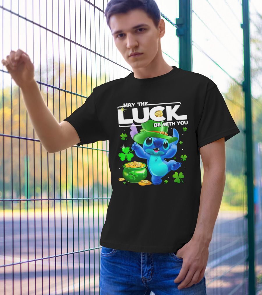 May The Luck Be With You Stitch Leprechaun Clover Coins T-Shirt