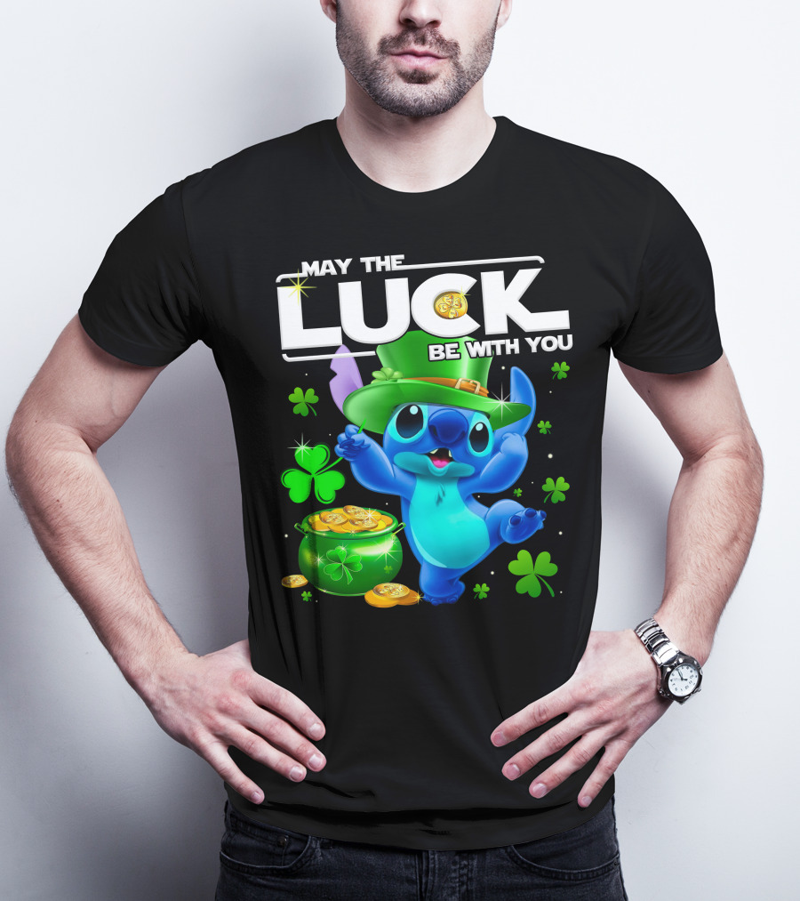 May The Luck Be With You Stitch Leprechaun Clover Coins T-Shirt