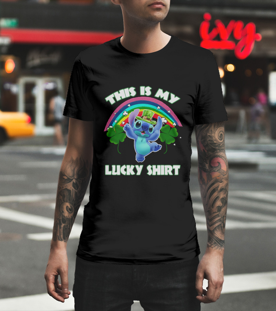 This Is My Lucky Shirt Stitch Leprechaun Clover Rainbow T-Shirt