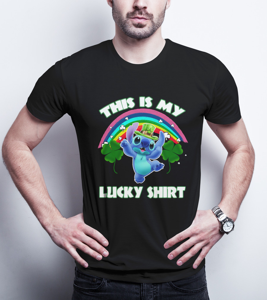 This Is My Lucky Shirt Stitch Leprechaun Clover Rainbow T-Shirt