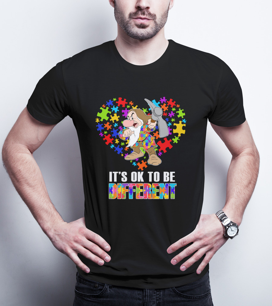 It's Ok To Be Different Grumpy Dwarf With Puzzle Piece Heart T-Shirt