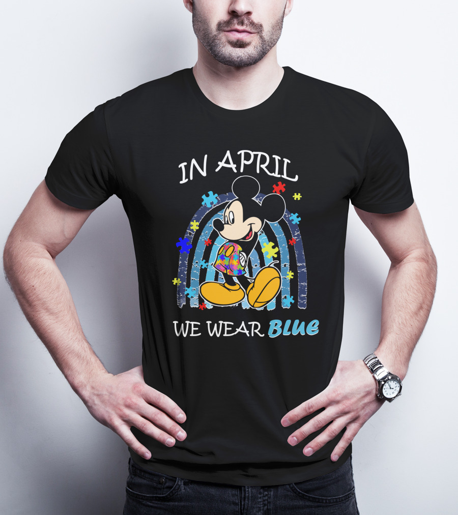 In April We Wear Blue Mickey Puzzle Autism Awareness T-Shirt