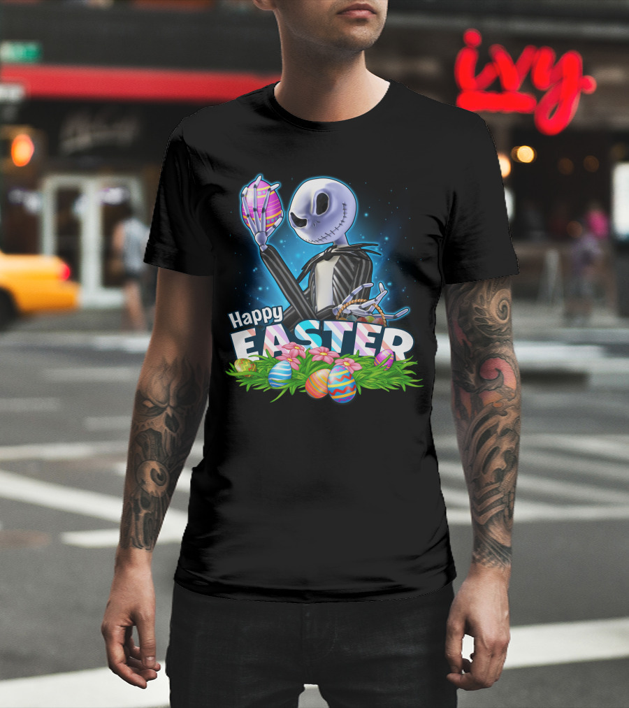 JACK SKELLINGTON Happy Easter With Colorful Eggs And Flowers T-Shirt