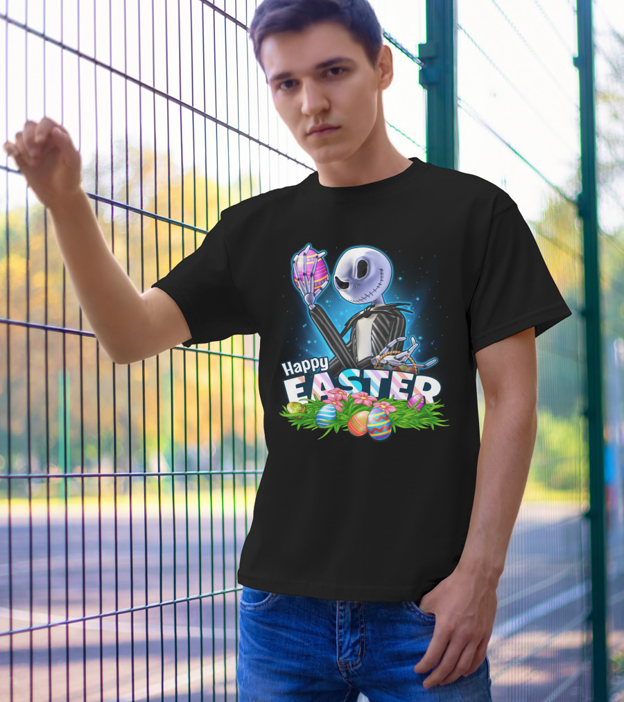 JACK SKELLINGTON Happy Easter With Colorful Eggs And Flowers T-Shirt