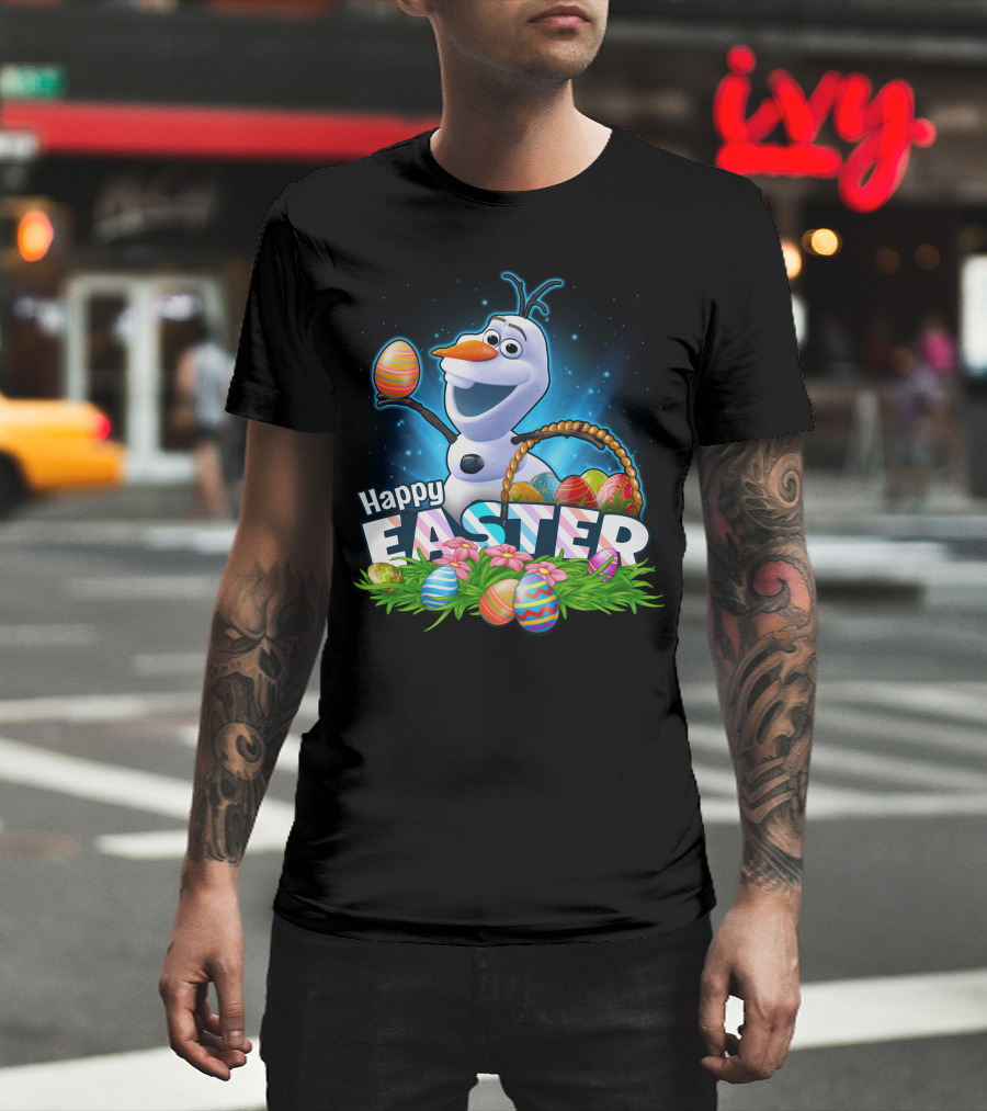 Happy Easter Olaf With Colorful Eggs And Basket T-Shirt